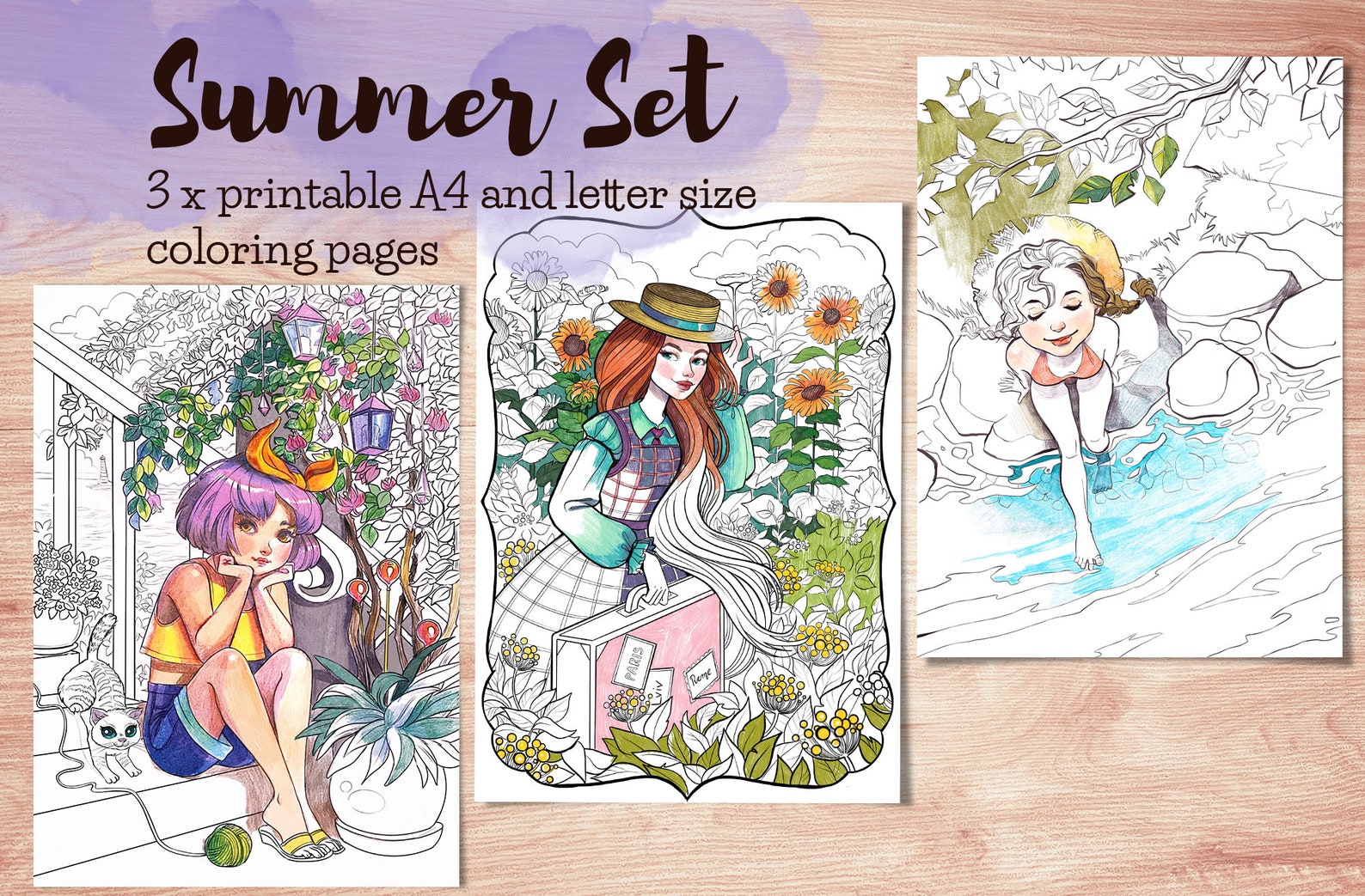 Printable Summer Coloring 3 pages set | Etsy
