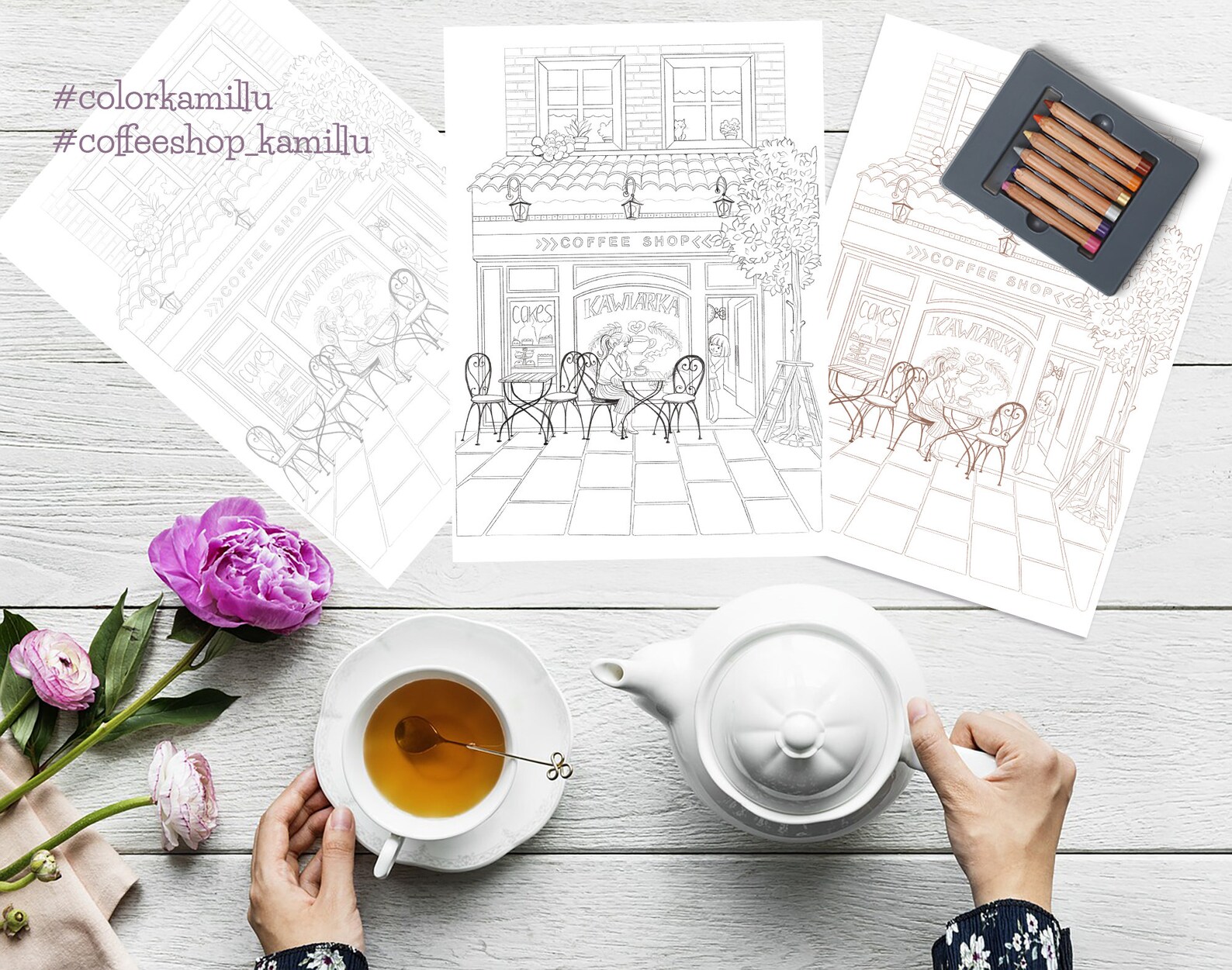 Printable Coloring Page Coffee Shop in Black and White Light - Etsy