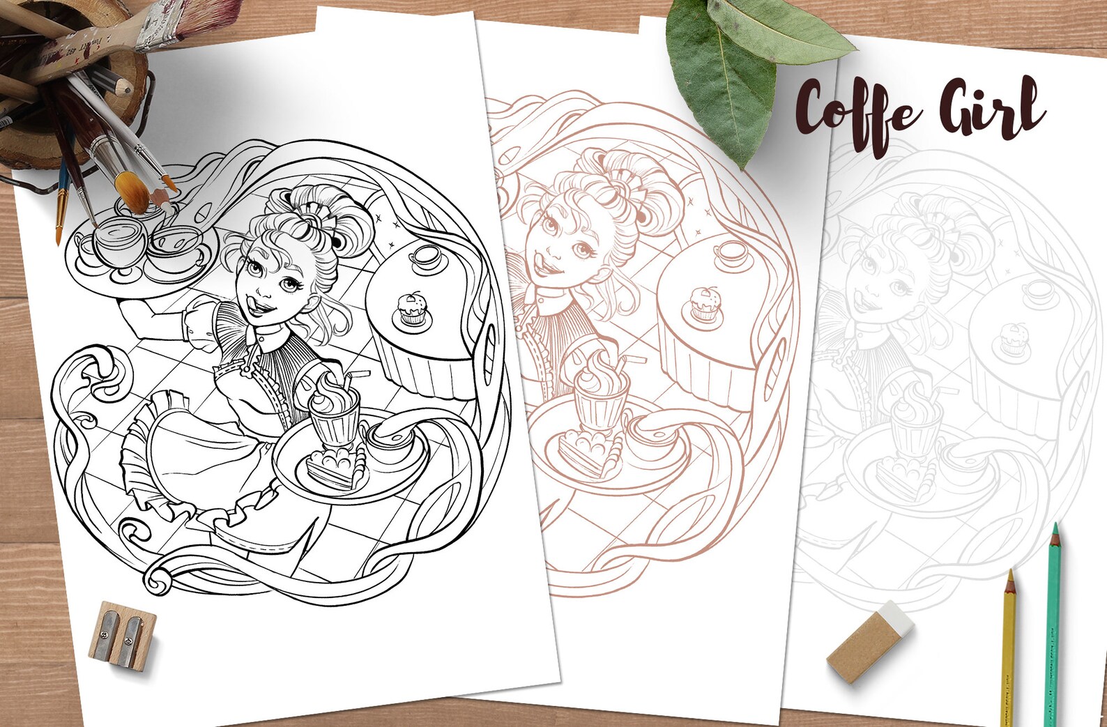 Printable Coloring Page Coffee Girl b&w Light Grey and - Etsy