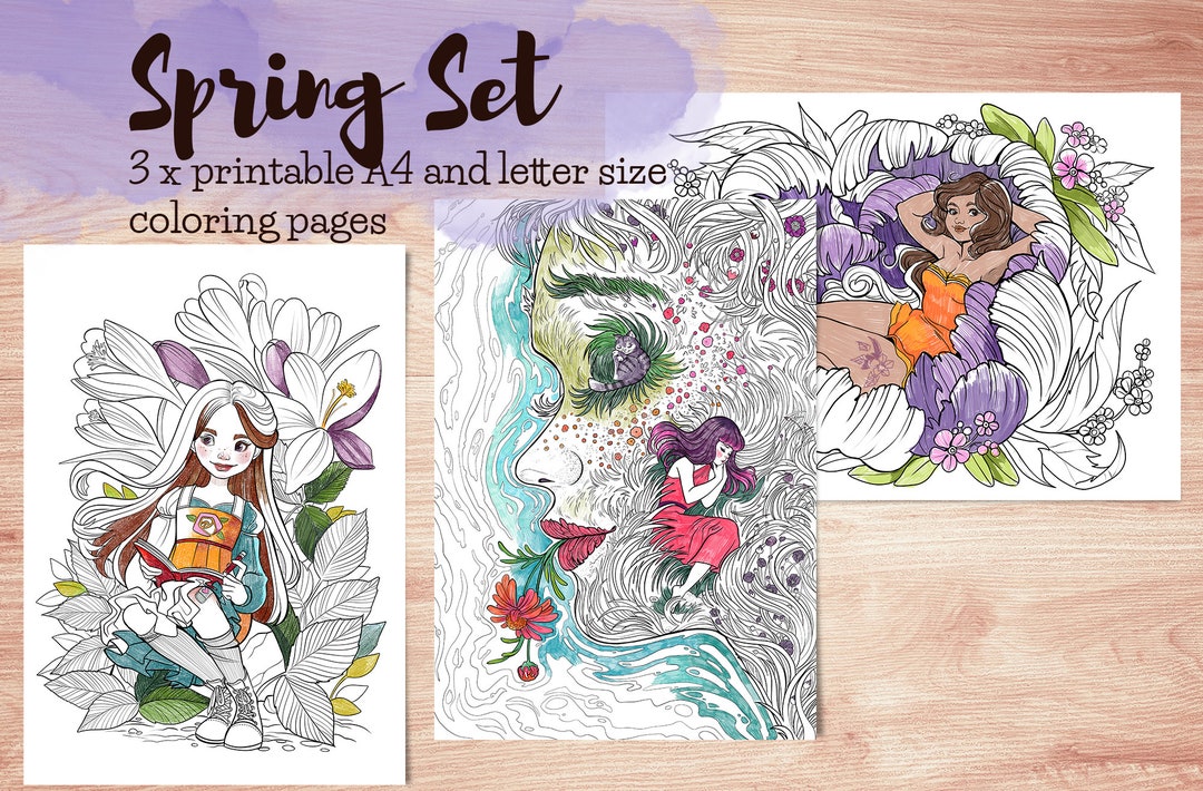 Spring Printable Coloring Pages Set - Etsy