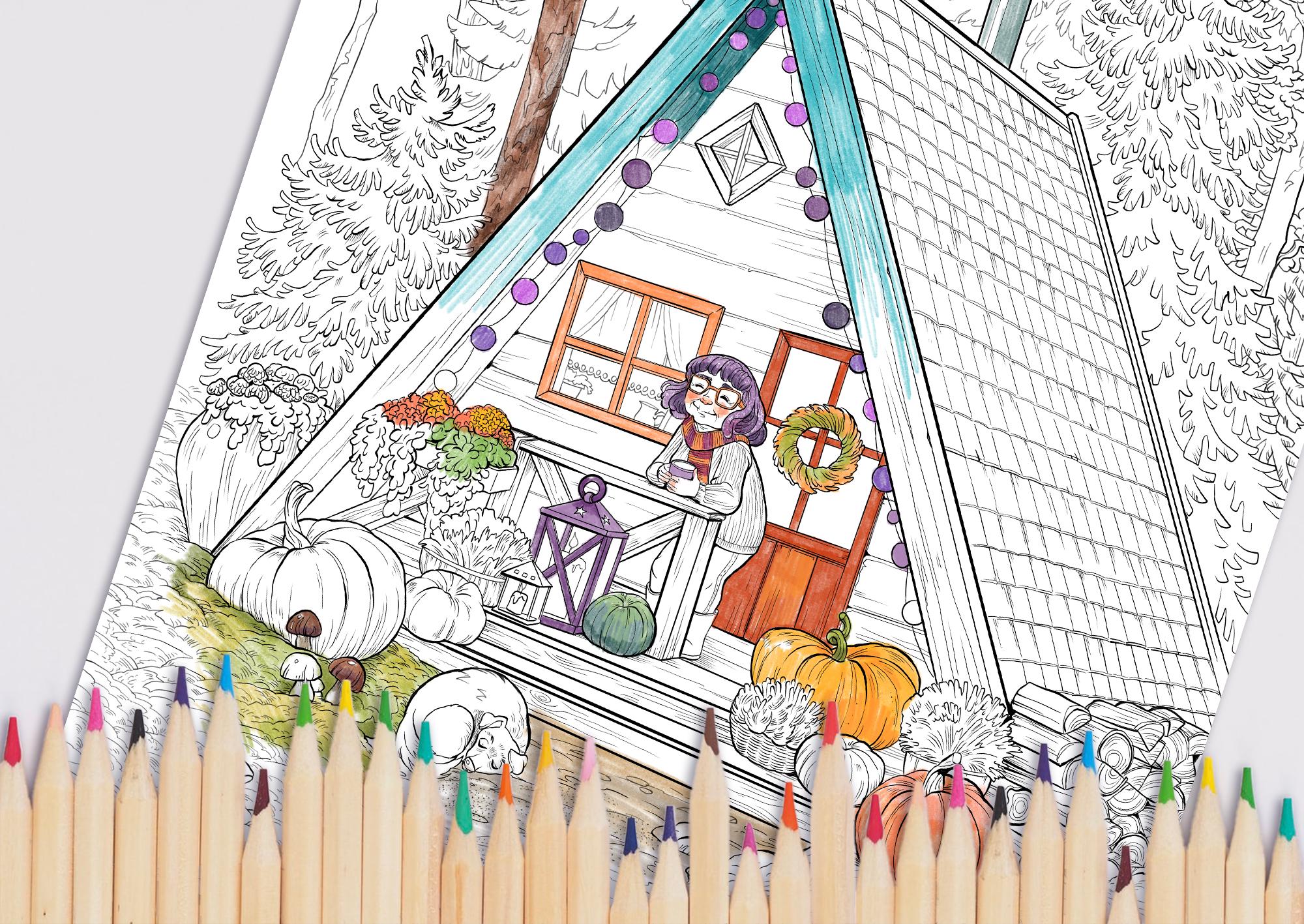 Fall Hut Printable Coloring Page (b&w, Light Grey and Sepia) - Etsy
