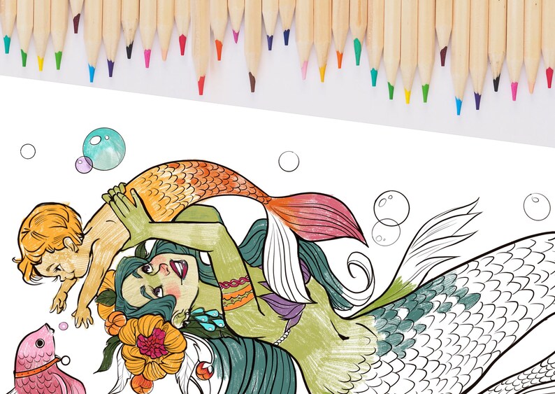 Mother Mermaid Coloring Page printable B&w Light Grey and - Etsy