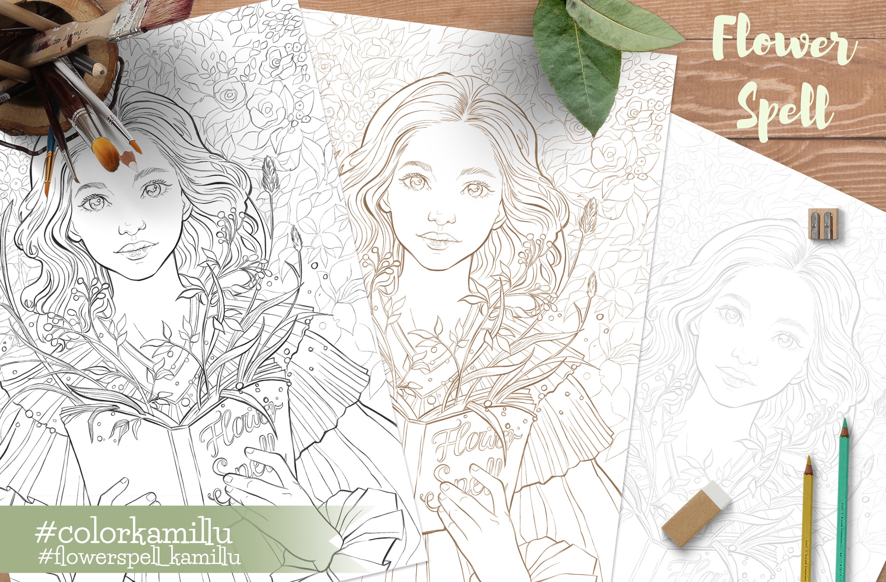 Flower Spell Coloring Page, Girl With Book Illustration (PDF & JPG) - Etsy
