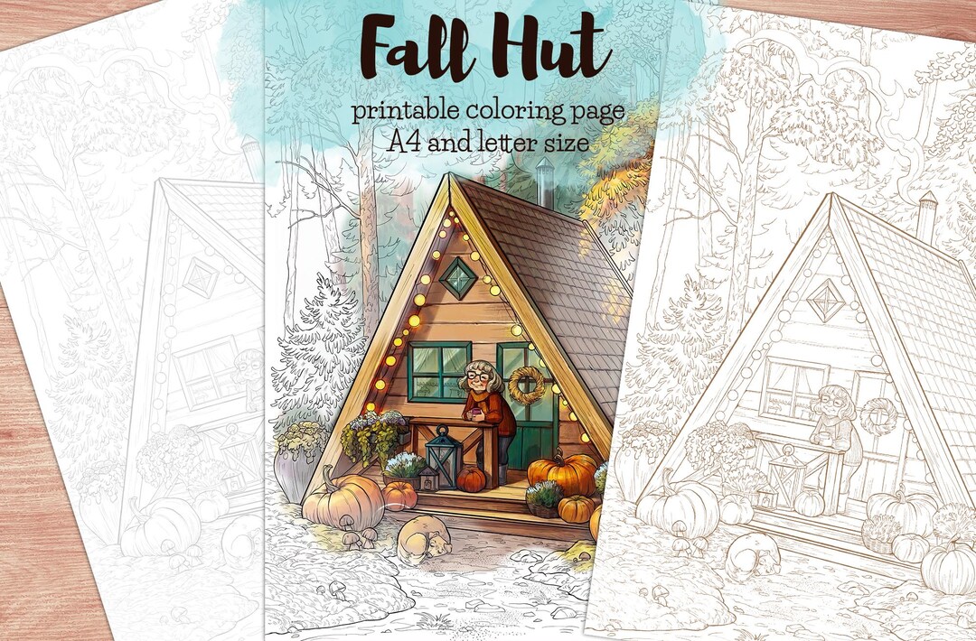Fall Hut Printable Coloring Page (b&w, Light Grey and Sepia) - Etsy