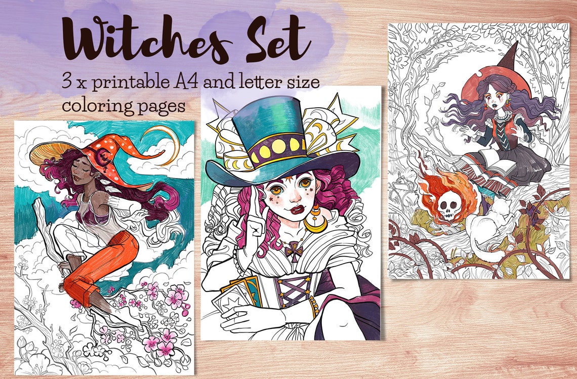 Witches Printable Coloring Pages Set - Etsy