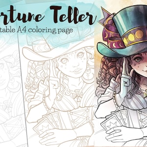 Printable Coloring Page Fortune Teller in Black and White, Light Grey ...