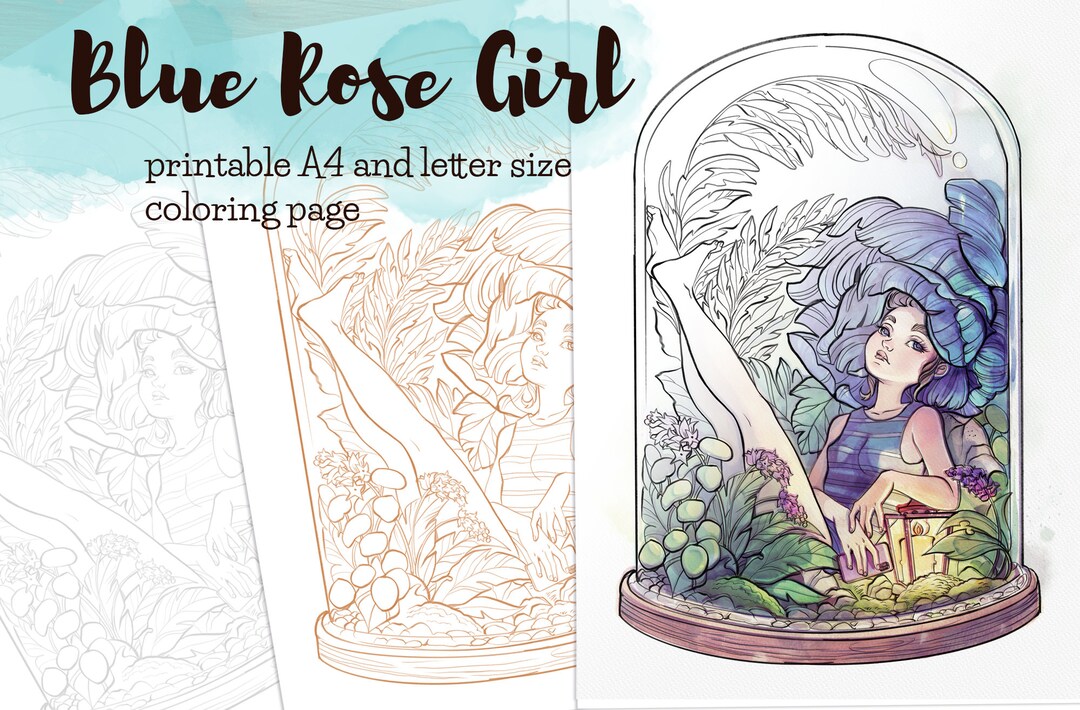 Printable Coloring Page Blue Rose Girl (b&w, Light Grey and Sepia) - Etsy