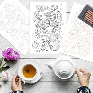 Mother Mermaid Coloring Page (printable B&w, Light Grey and Sepia) - Etsy