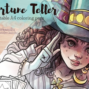 Printable Coloring Page Fortune Teller in Black and White, Light Grey ...