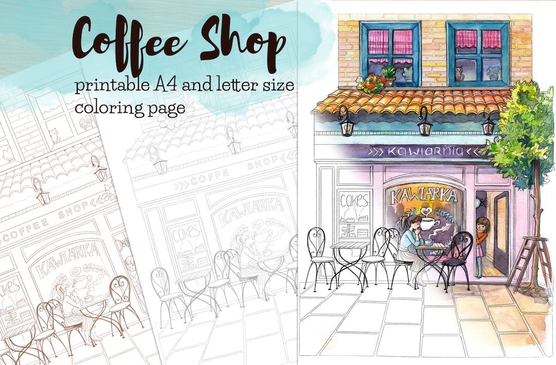 Printable Coloring Page Coffee Shop in Black and White, Light Grey and ...
