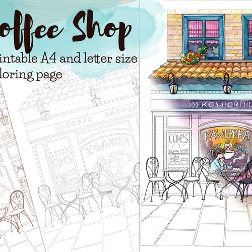 Printable Coloring Page Coffee Shop in Black and White Light - Etsy