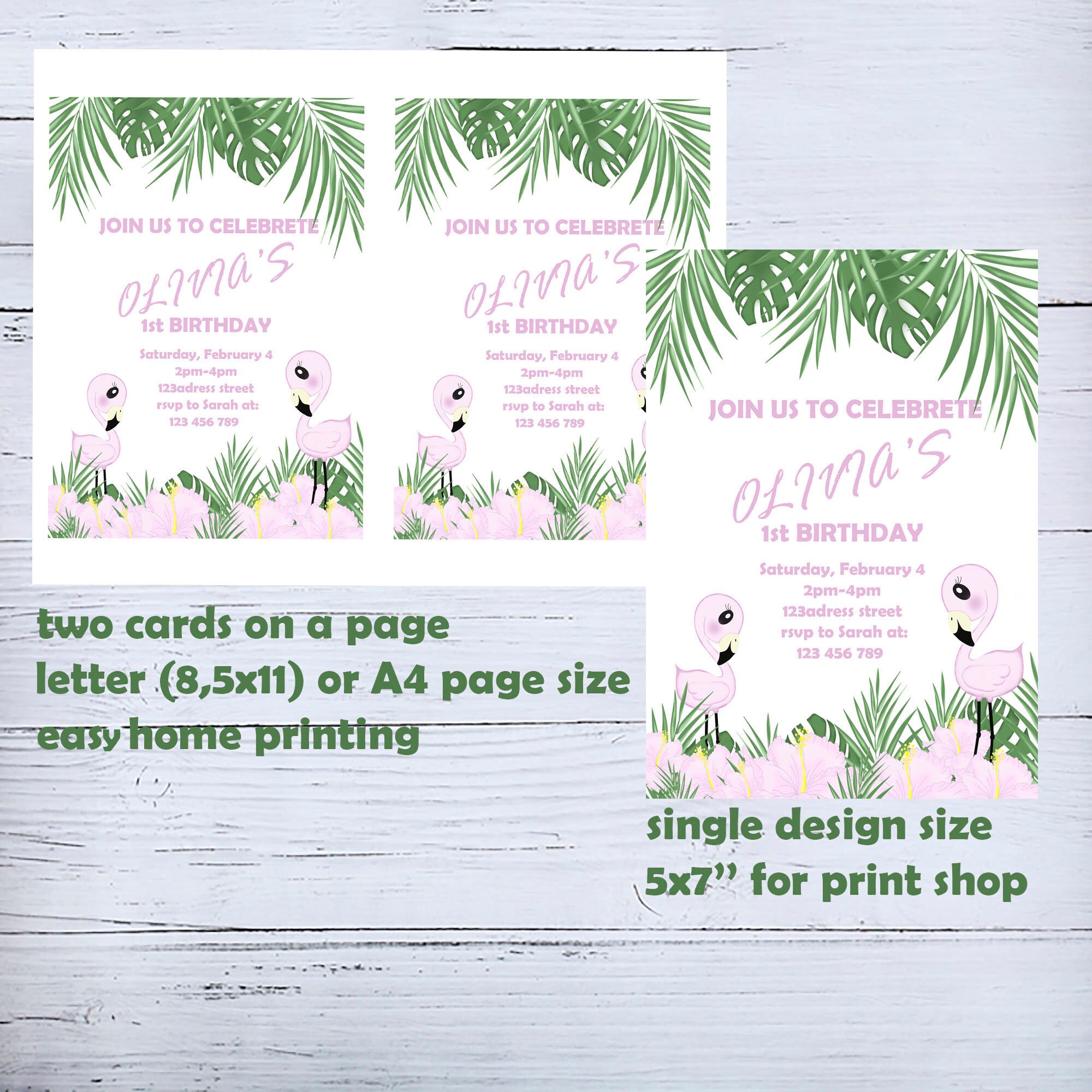 Flamingo Printable Birthday Invitation, Flamingo Party Invite, Jpg File ...