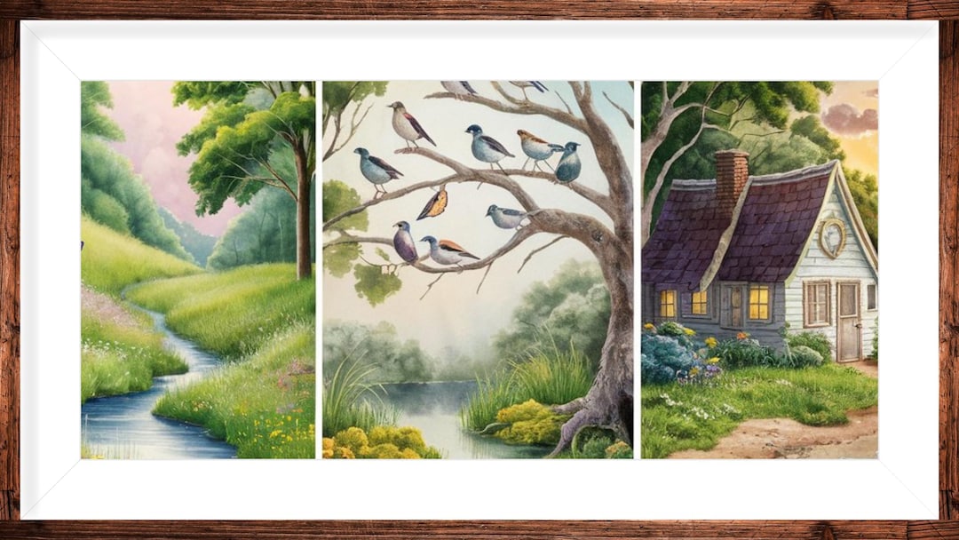 Bucolic Scenes Triptych: Birds and Countryside Landscape - Etsy