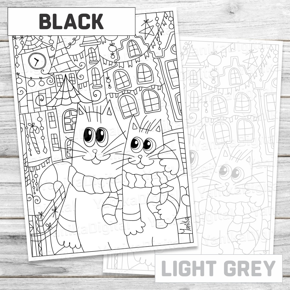 Christmas Coloring Page, Printable Cats Drawing for Coloring, Instant ...