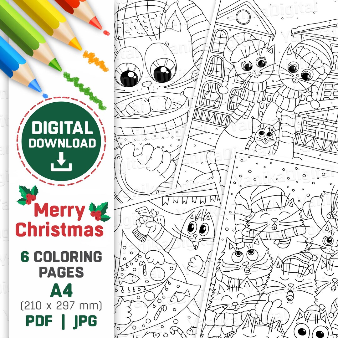 Christmas Cats Coloring Pages 6 Printable Digital Coloring Sheets ...