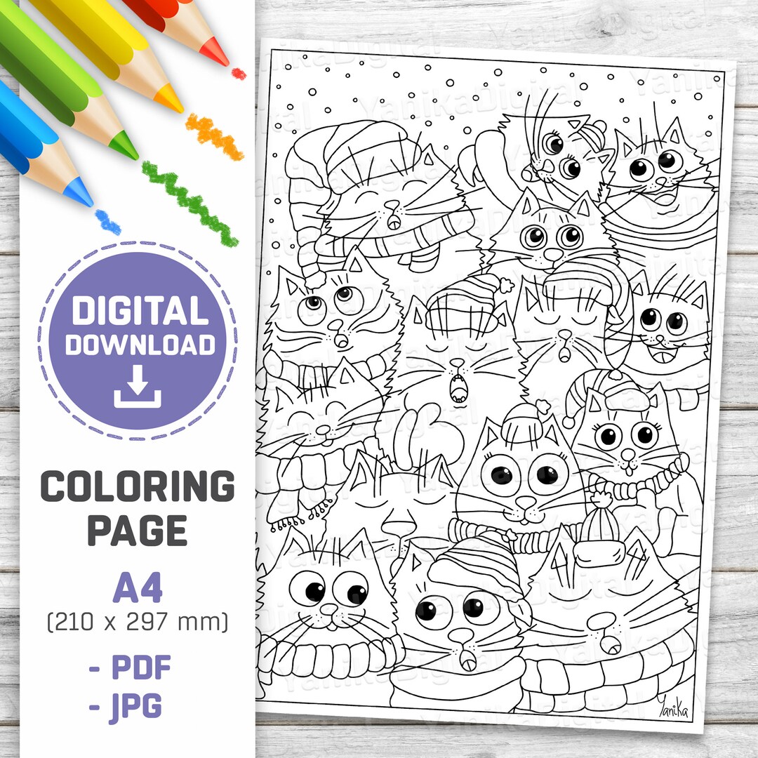 Printable Cute Cats Coloring Page, Christmas Choir of Cats, Hand-drawn ...