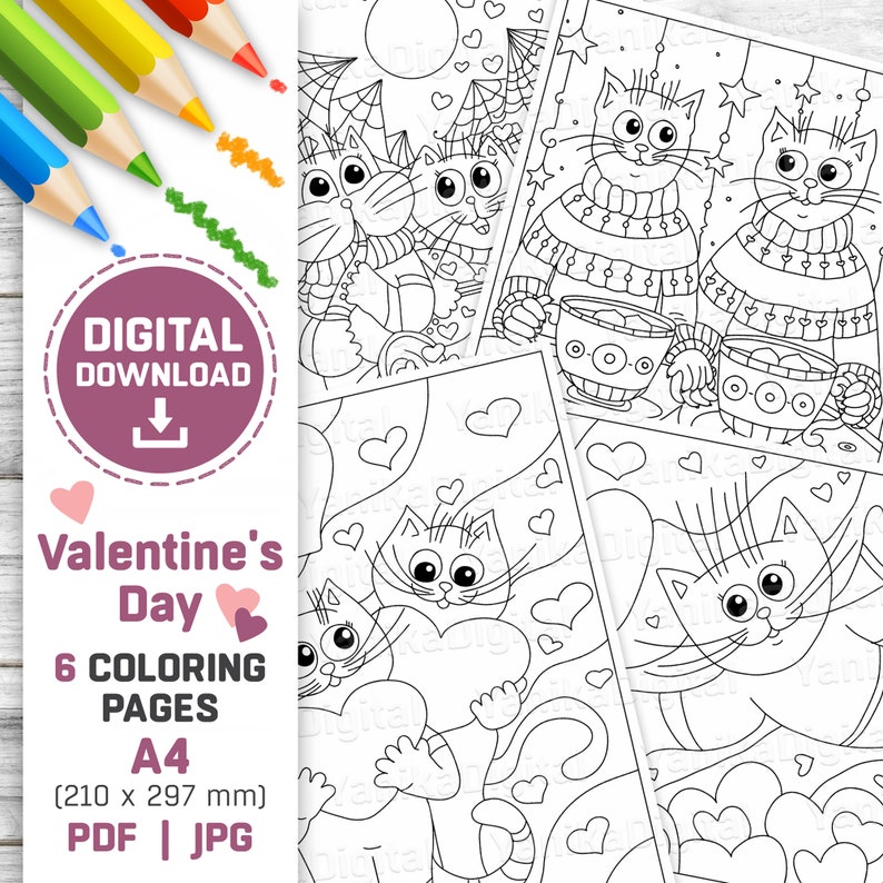 Valentine's Day Set of 6 Coloring Pages, Instant Download, Valentine's ...