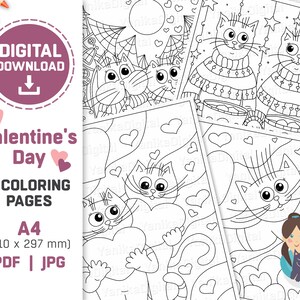 Valentine's Day Set of 6 Coloring Pages, Instant Download, Valentine's ...