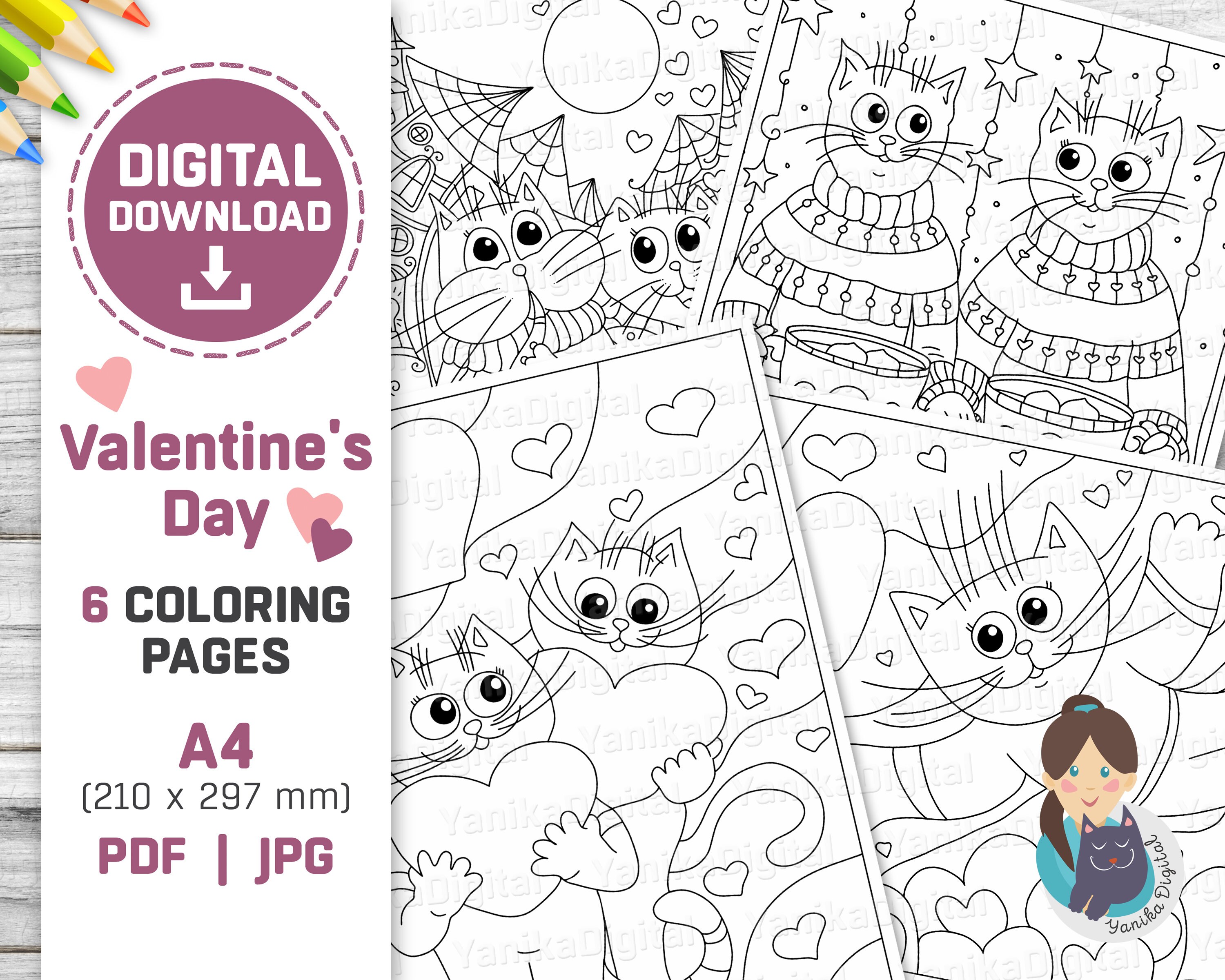 Valentine's Day Set of 6 Coloring Pages, Instant Download, Valentine's ...