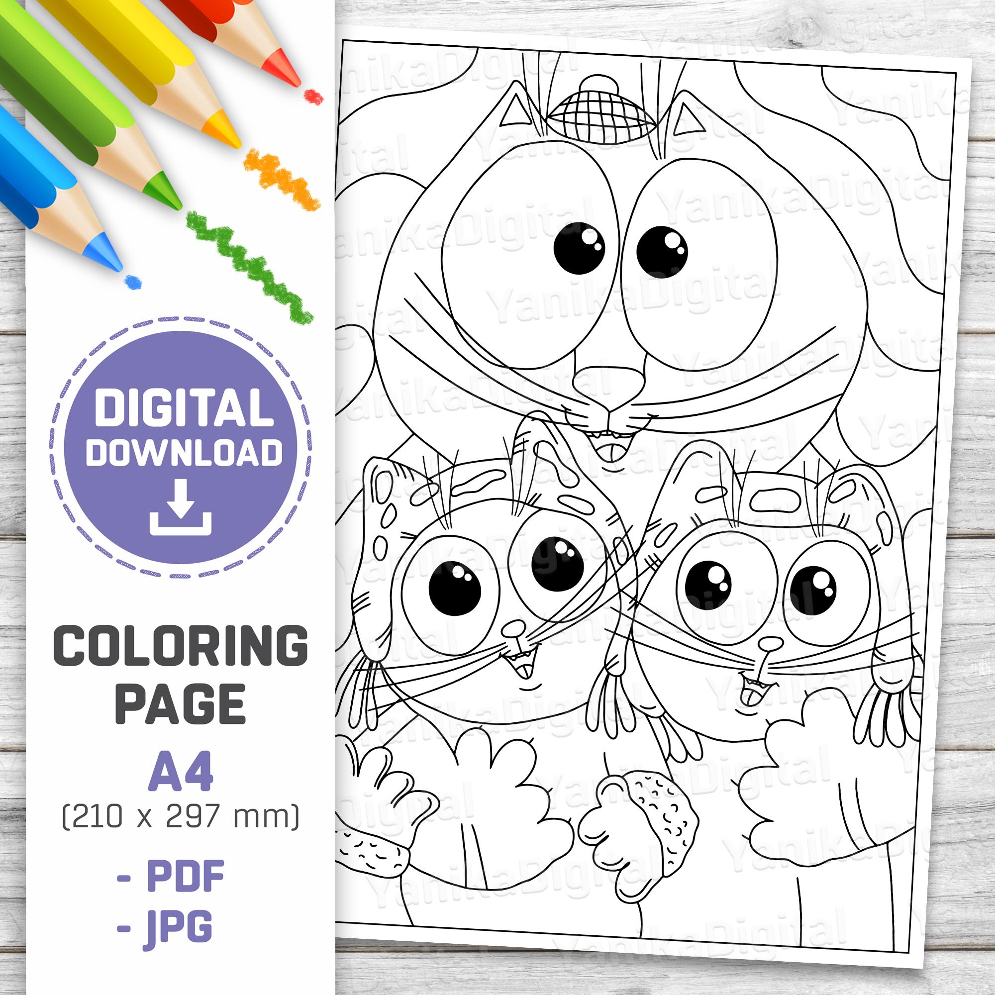 Printable Dad-cat and His Kittens Coloring Page, Hand-drawn Winter ...