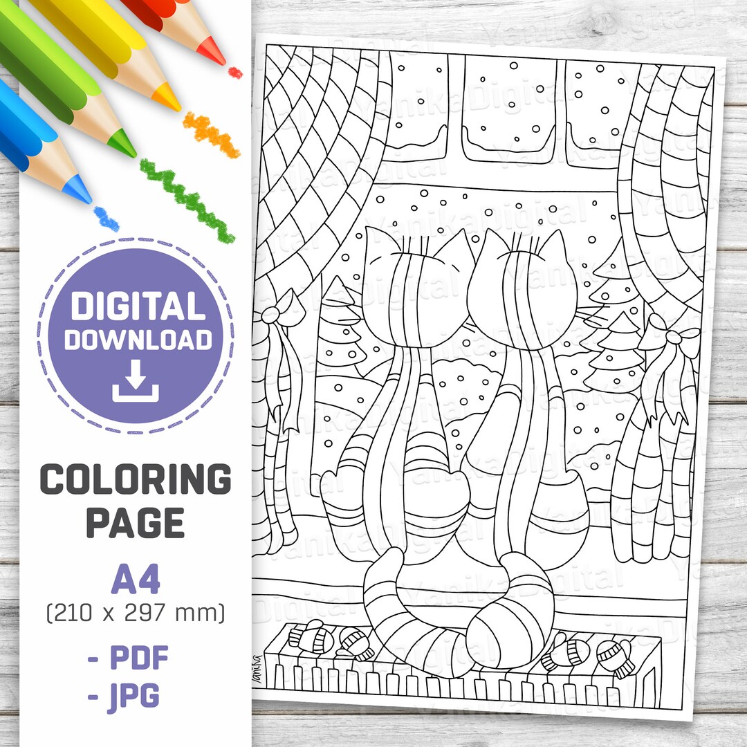 Printable Coloring Page of Two Cats, Cats Drawing for Coloring, Instant ...