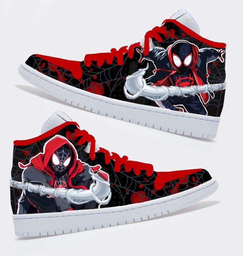 Miles Morales Spiderman Nike Air Jordan 1 Mid Custom Handpainted Shoes ...