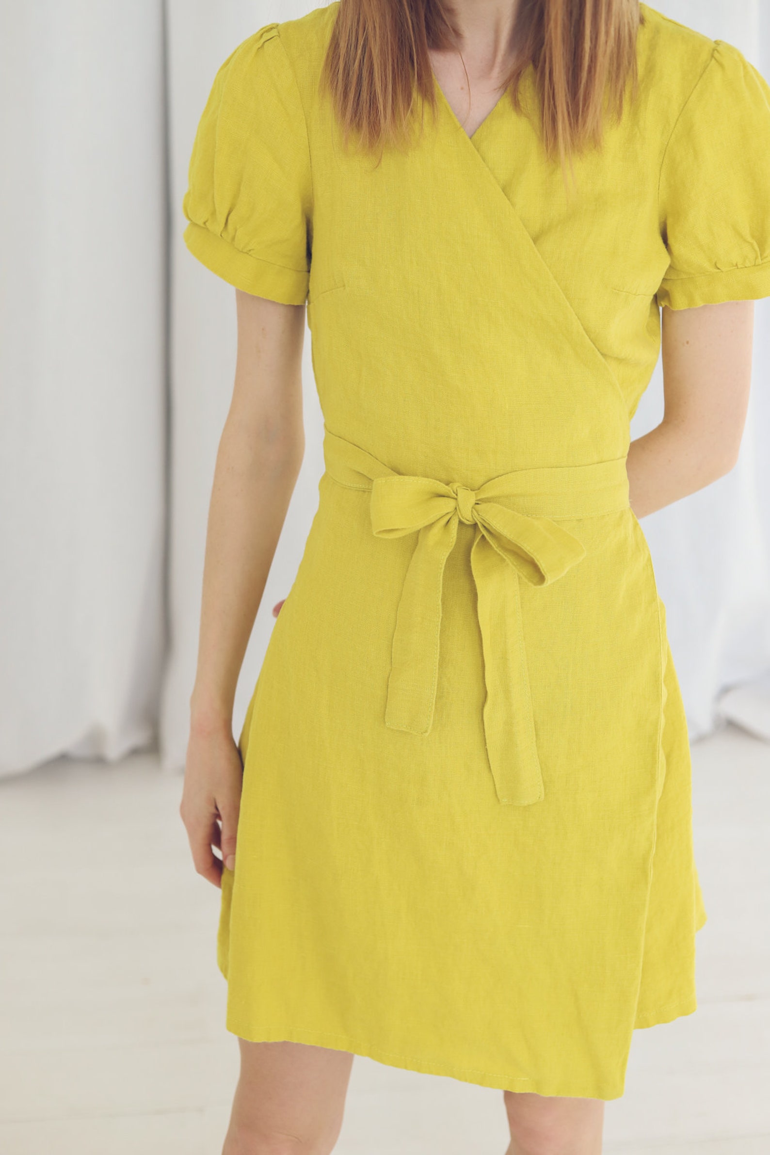 Lemon Linen Wrap Dress Short Linen Dress Summer Dress | Etsy