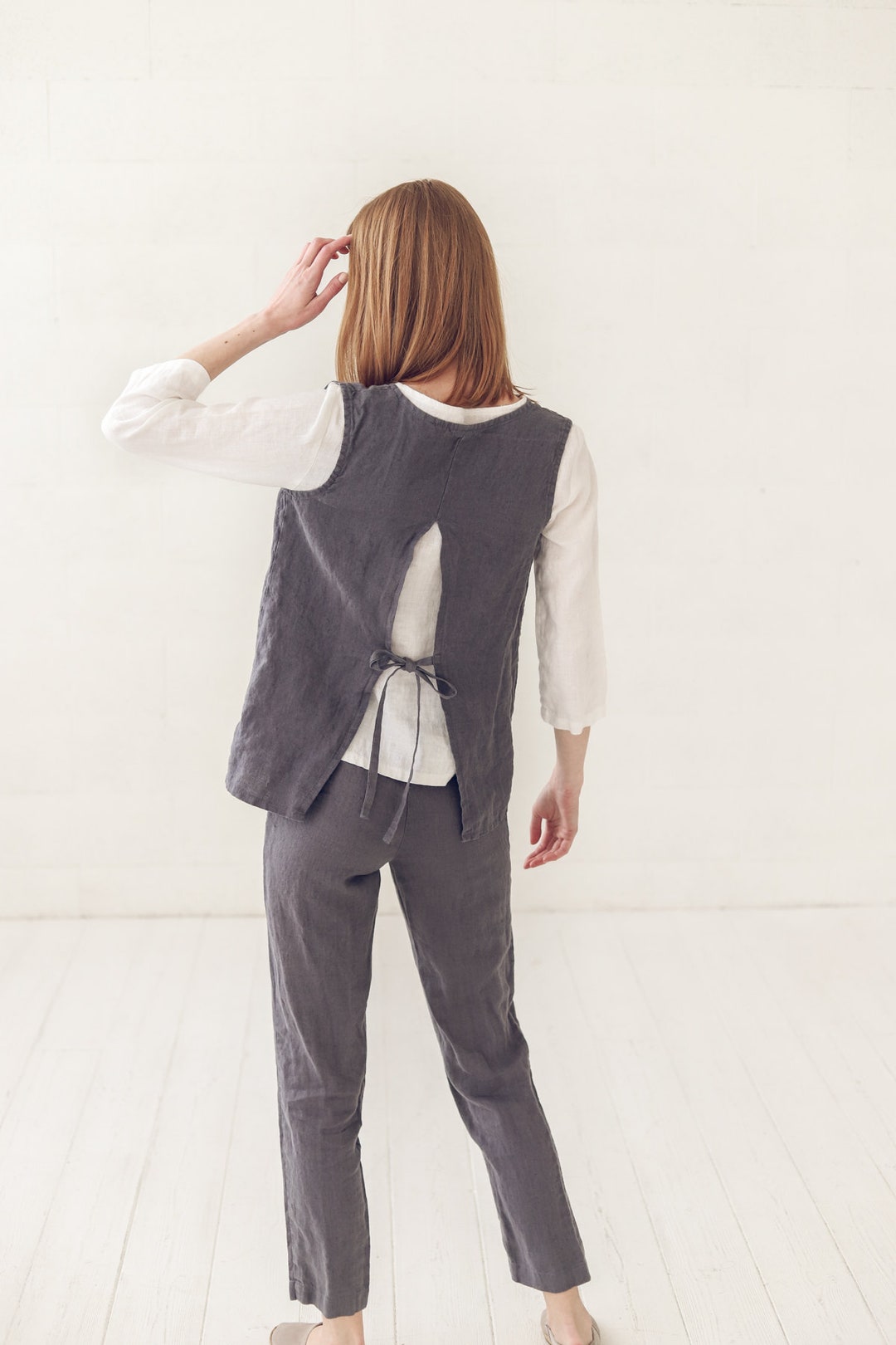 Linen Top Vest Tie Back / Women Blouse Open Back / Sleeveless Linen ...