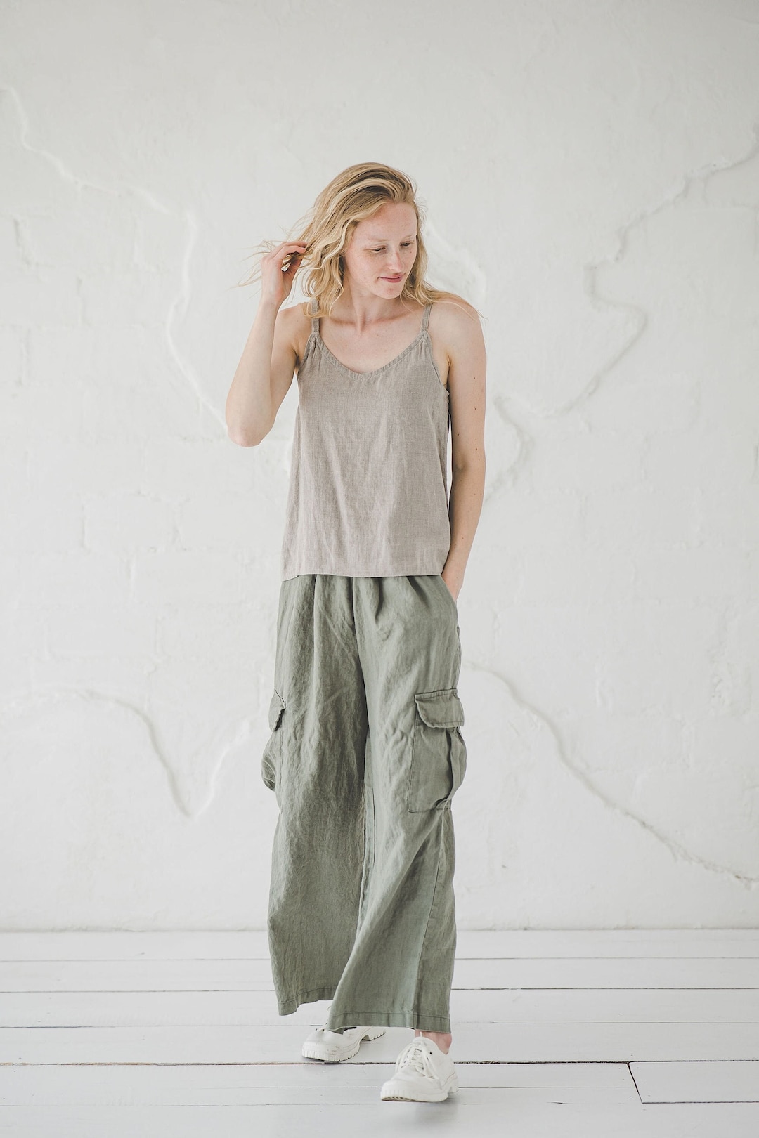 Cargo Loose Linen Pants, Pocket Straight High Waist Linen Pants, Linen ...