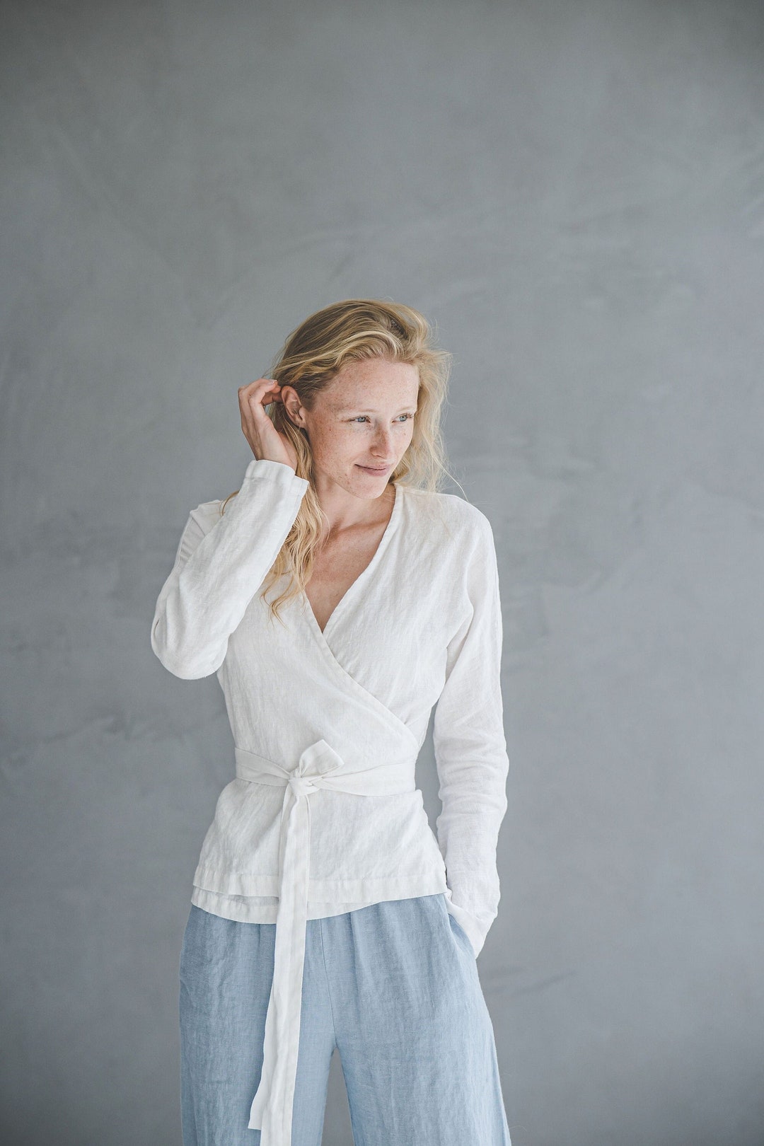 White Linen Wrap Blouse: Long Sleeve Crop Top - Etsy