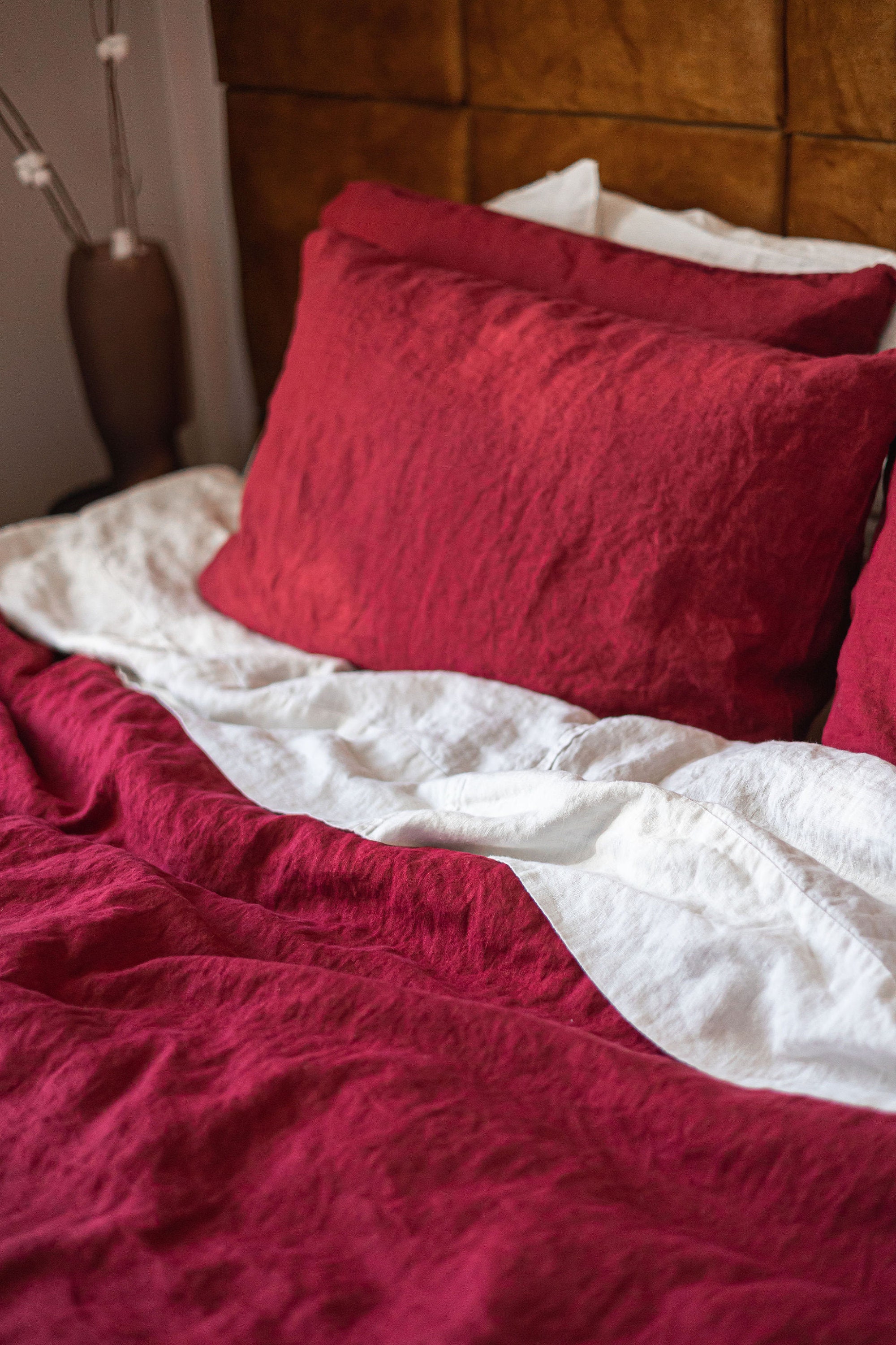 Ruby Red Linen Bedding Set: Boho Duvet Cover With Pillowcases - Etsy