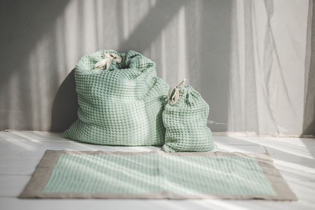 Linen Waffle Laundry Bag Set of 2, Bath Laundry Set, Absorbent Linen ...