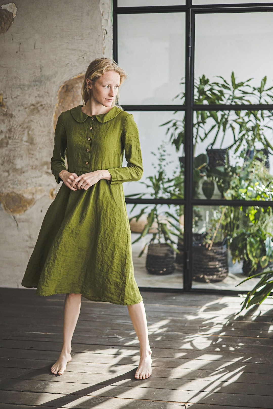 Boho Linen Dress: Long Sleeve Collared Retro Green Dress - Etsy