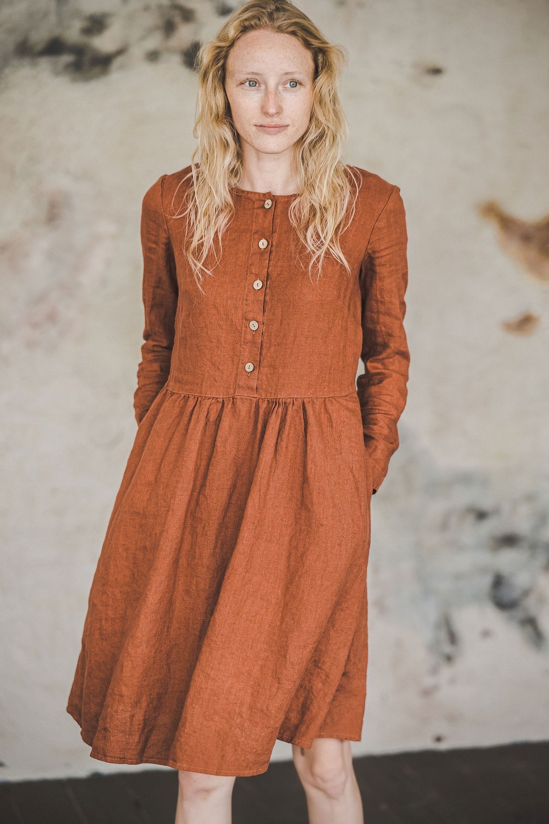 Fall Linen Dress Long Sleeves / Maternity Dress / Women Linen Dress ...