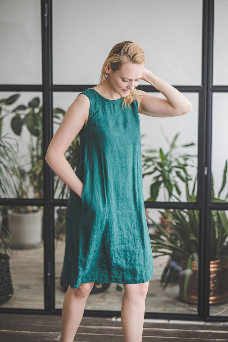 Emerald Green Basic Linen Dress / A Line Midi Dress / Simple - Etsy