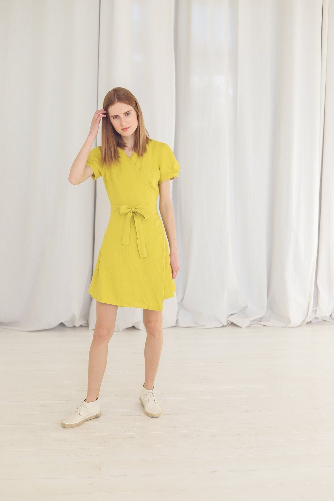 Lemon Linen Wrap Dress: Short Sleeve Summer Dress - Etsy