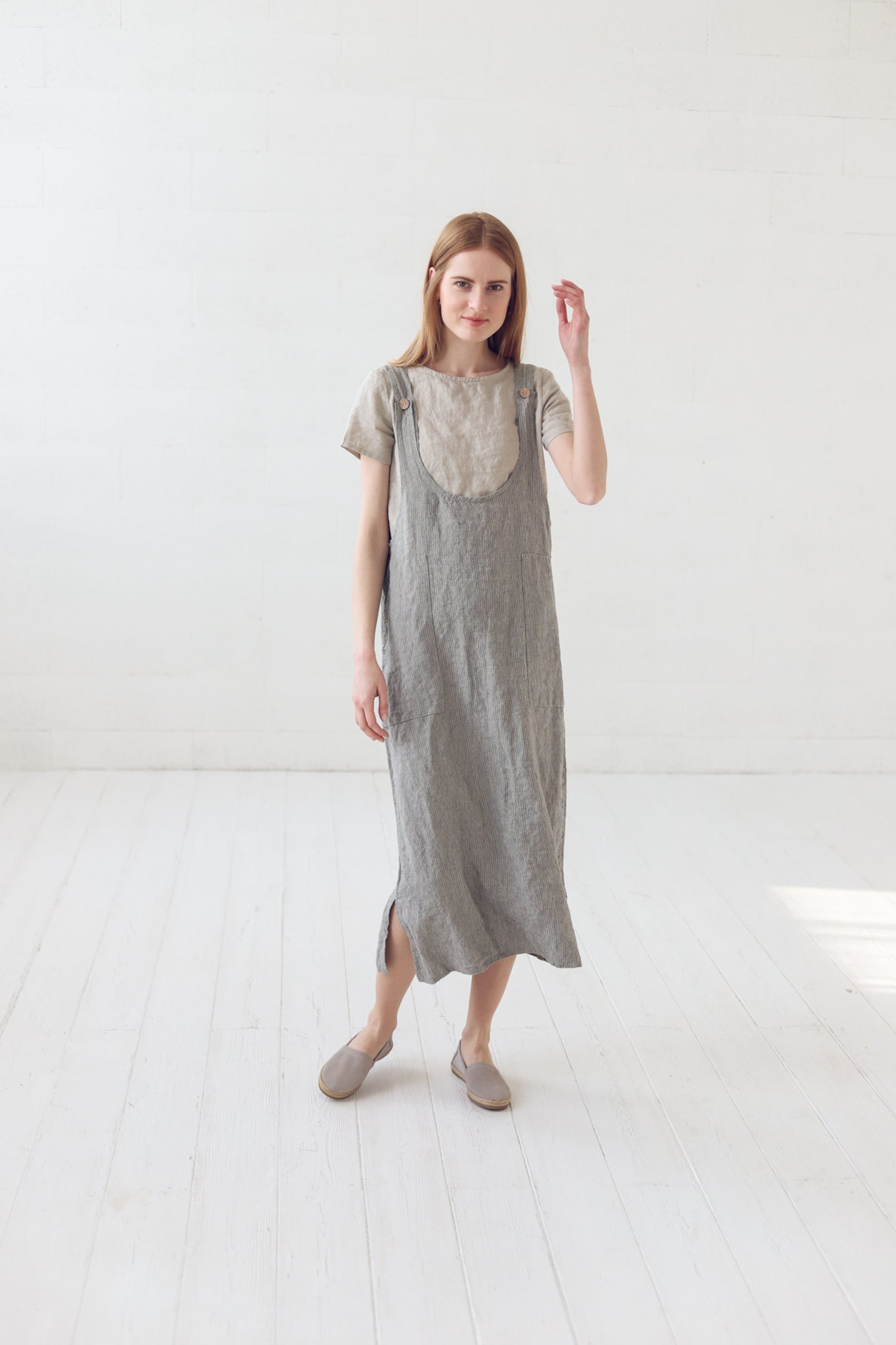 Striped Linen Pinafore Dress: Long Slip With Pockets - Etsy