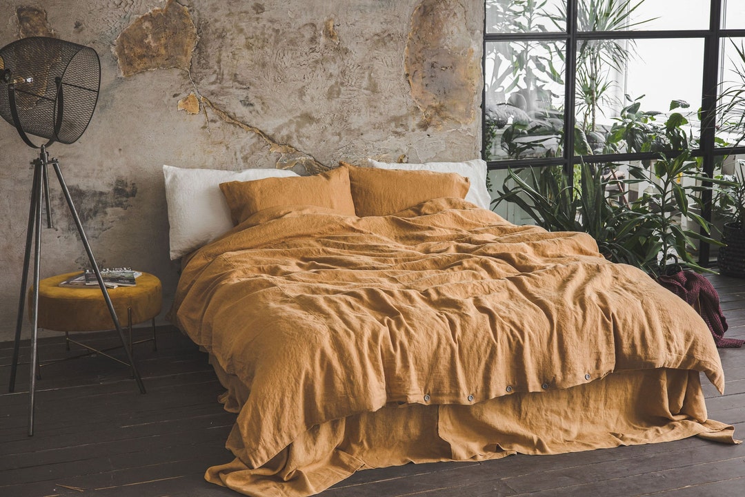Washed Linen Bedding Set: Honey Gold Duvet Cover, Pillowcases - Etsy