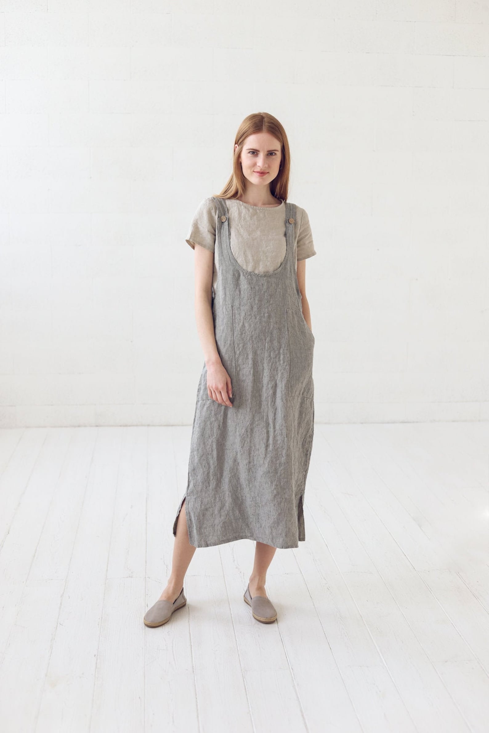 Striped Linen Pinafore Dress: Long Slip With Pockets - Etsy