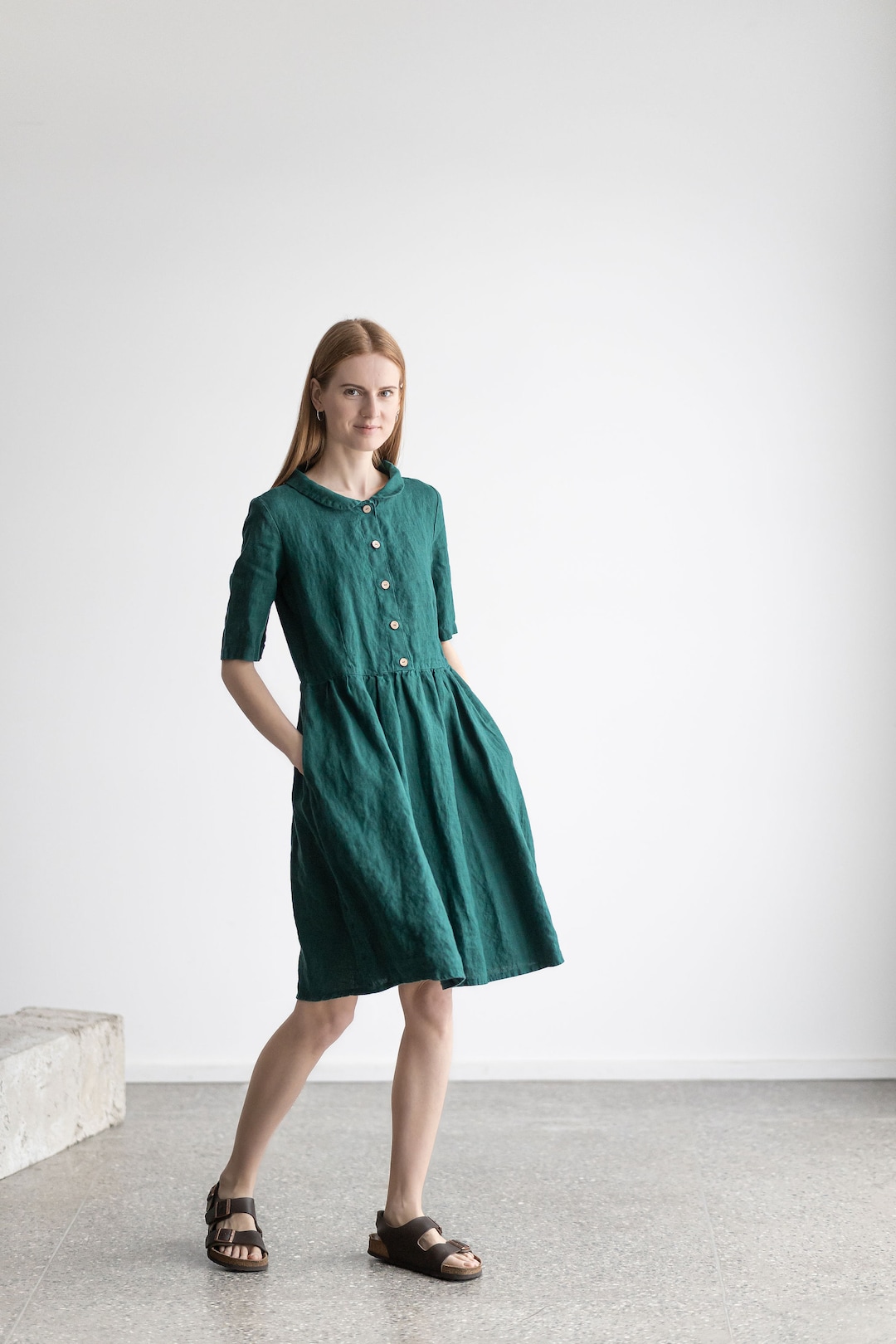 Linen Collared Women Dress / Vintage Style Linen Dress / Classic Linen ...