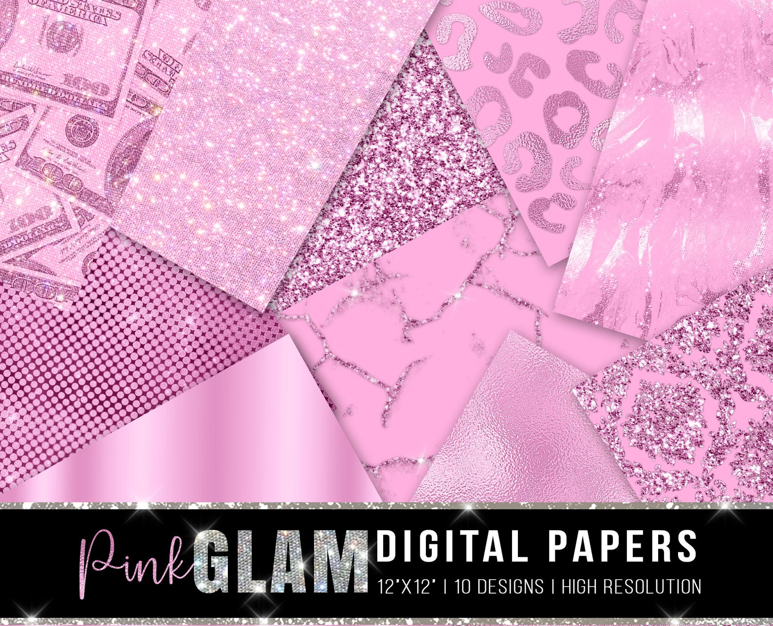 Pink Glam Digital Papers Pink Glam Textures Pink Glitter | Etsy