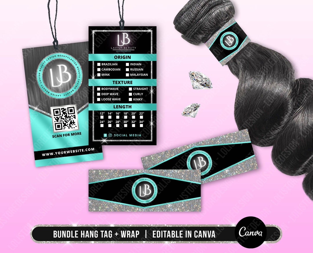 DIY Hair Hangtag & Bundle Wrap Design, Teal Hair Bundle Hang Tag, Hai ...