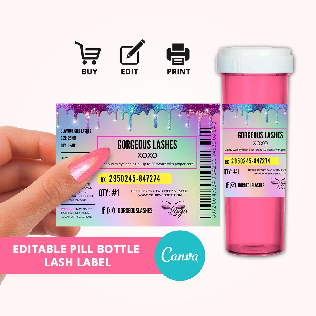 Editable Pill Bottle Lash Label, Prescription Bottle Label, Sticker ...