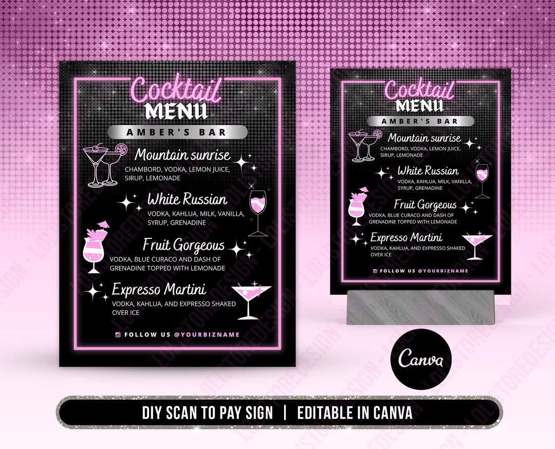 DIY Cocktail Menu, Mobile Bartending Menu, Bartender Prices Template ...