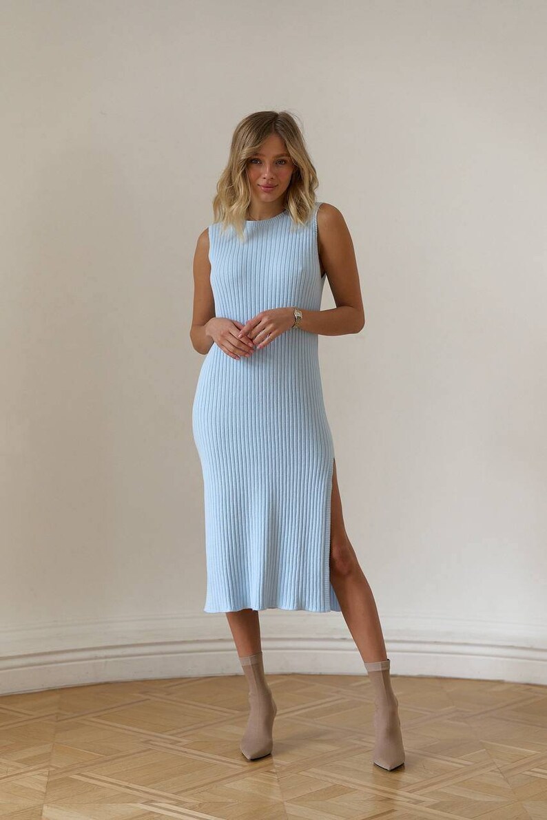 Light Blue Summer Knit Midi Dress for Women, Casual Summer Dress for ...