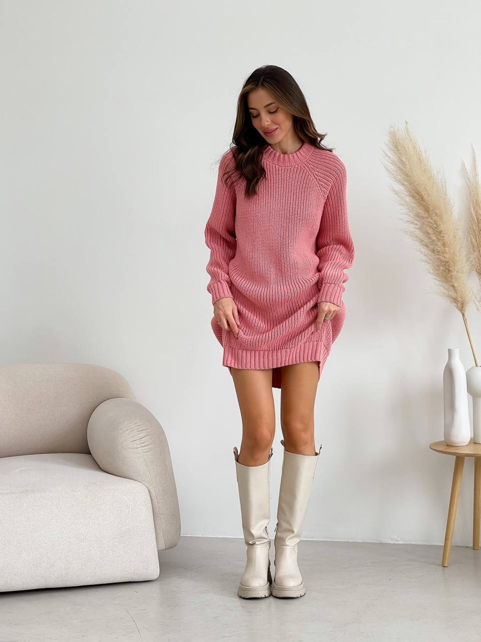 Coral Pink Knit Winter Mini Dress Pink Knit Wool Sweaterdress - Etsy