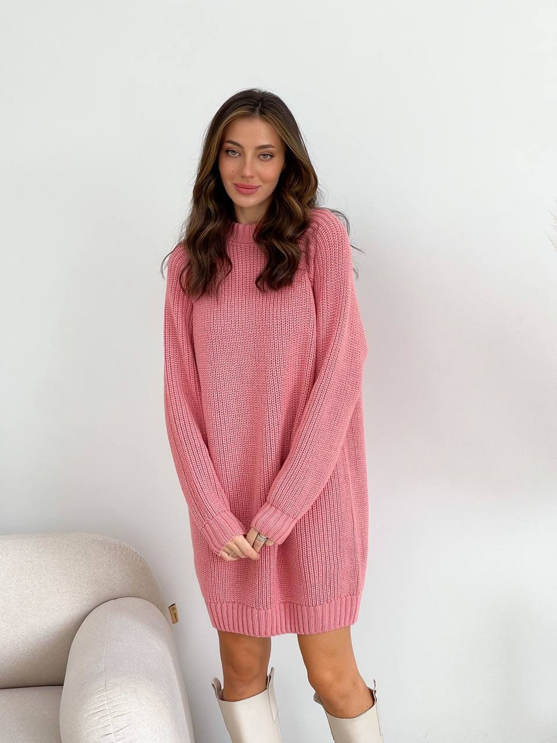 Coral Pink Knit Winter Mini Dress Pink Knit Wool Sweaterdress - Etsy