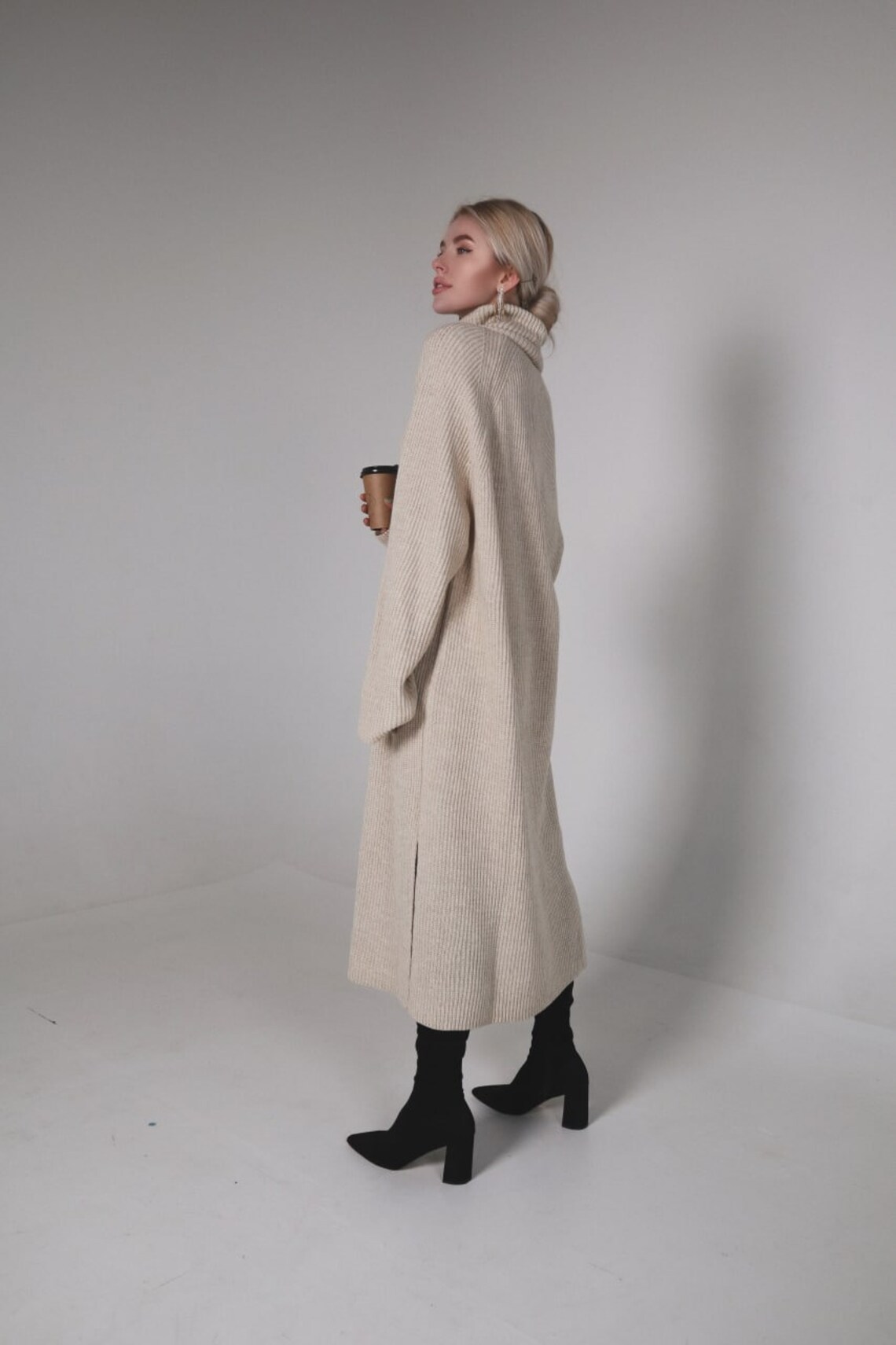 Beige Knit Sweaterdress Midi Length With Turtleneck, Knit Oversized ...