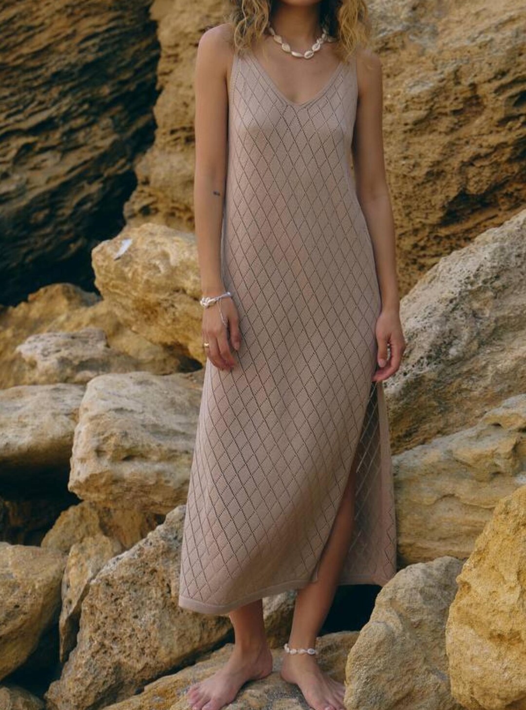 Beige Summer Knit Midi Dress for Beach, Knit Beach Tunic Dress in Boho ...