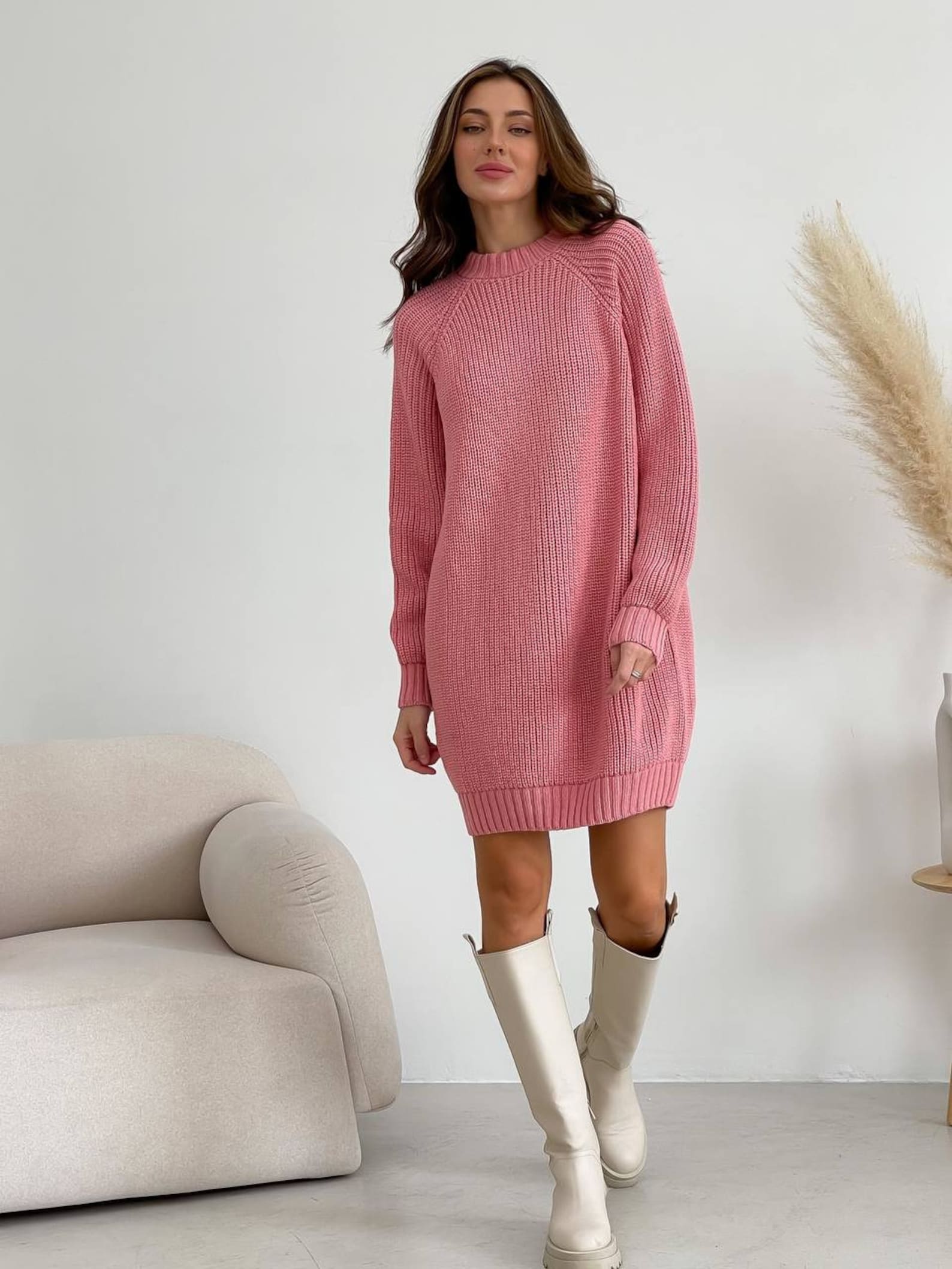 Coral Pink Knit Winter Mini Dress Pink Knit Wool Sweaterdress - Etsy